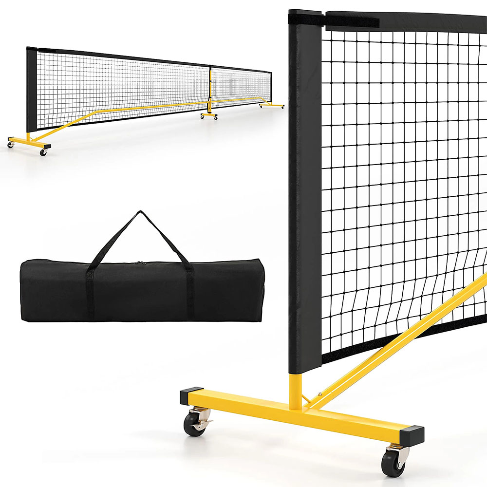 Portable Pickleball Net System With Yellow Rolling Frame